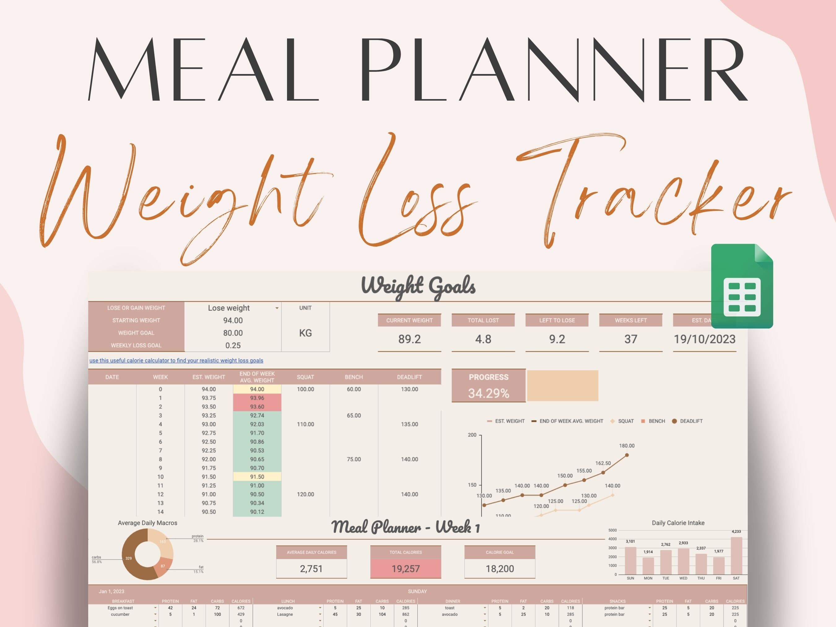 Weight Loss Tracker & Digital Meal Planner for Google Sheets, Body ...