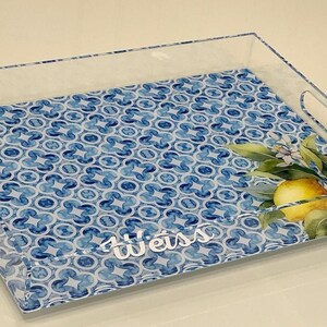 Acrylic Blue Lemon Print Serving Tray With Handles, Modern Decorative ...
