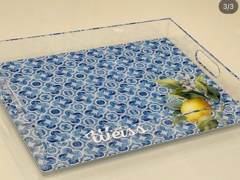 Acrylic Blue Lemon Print Serving Tray With Handles, Modern Decorative ...