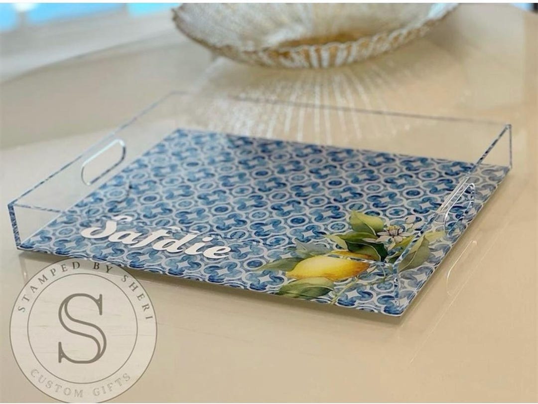 Acrylic Blue Lemon Print Serving Tray With Handles, Modern Decorative ...