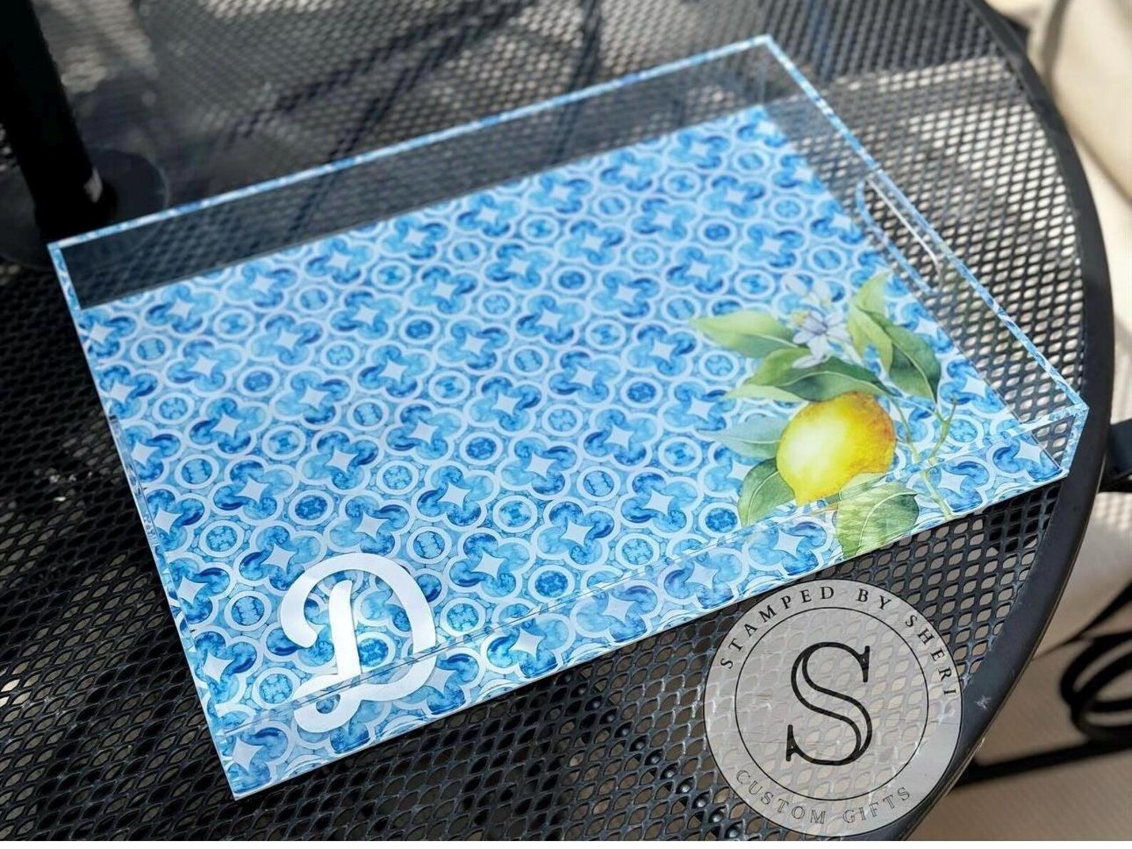 Acrylic Blue Lemon Print Serving Tray With Handles, Modern Decorative ...