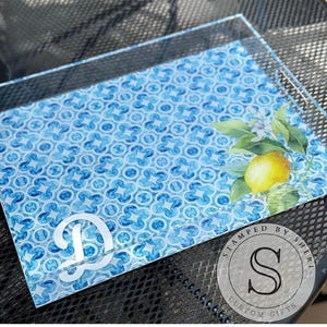 Acrylic Blue Lemon Print Serving Tray With Handles, Modern Decorative ...