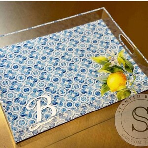 Acrylic Blue Lemon Print Serving Tray With Handles, Modern Decorative ...