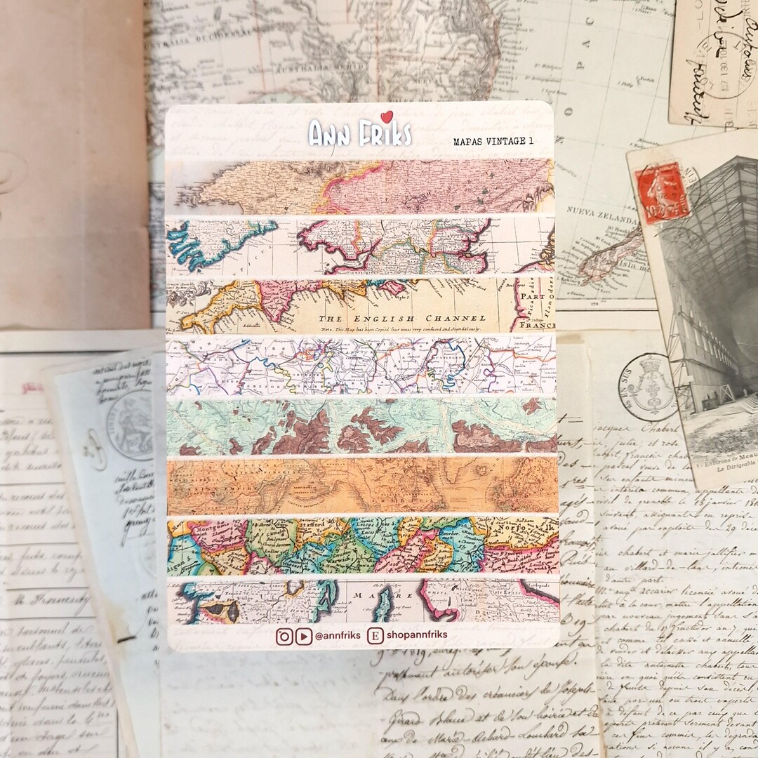 VINTAGE MAP STICKERS 1. A Sheet With 8 Stickers of Antique Maps From ...