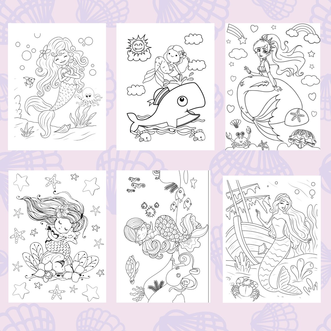 Mermaid Coloring Book Pages for Kids / Digital Mermaids Coloring Book ...