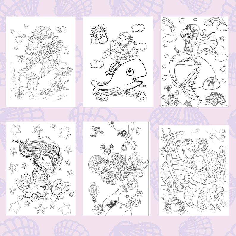 Mermaid Coloring Book Pages for Kids / Digital Mermaids Coloring Book ...