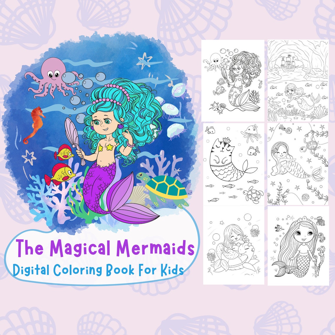 Mermaid Coloring Book Pages for Kids / Digital Mermaids Coloring Book ...
