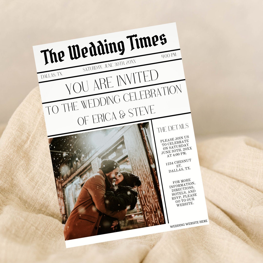 Newspaper Wedding Invitations Template, Editable, Unique Wedding Invite ...