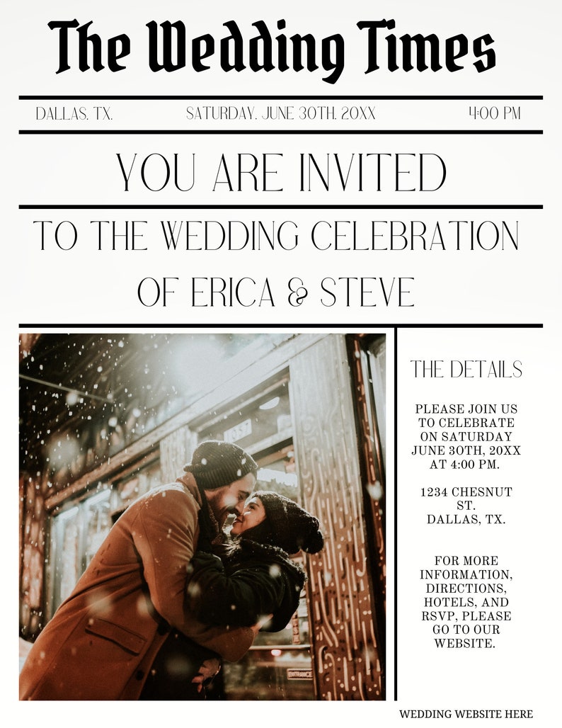 Newspaper Wedding Invitations Template, Editable, Unique Wedding Invite ...