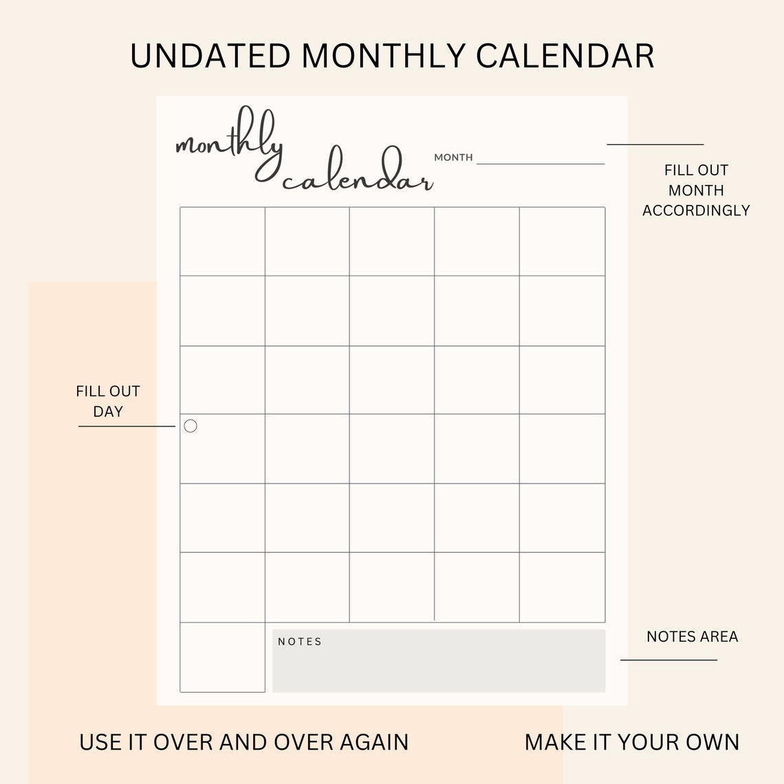Monthly Calendar, Printable Monthly Calendar, Digital Monthly Calendar ...