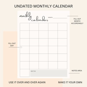 Monthly Calendar, Printable Monthly Calendar, Digital Monthly Calendar ...