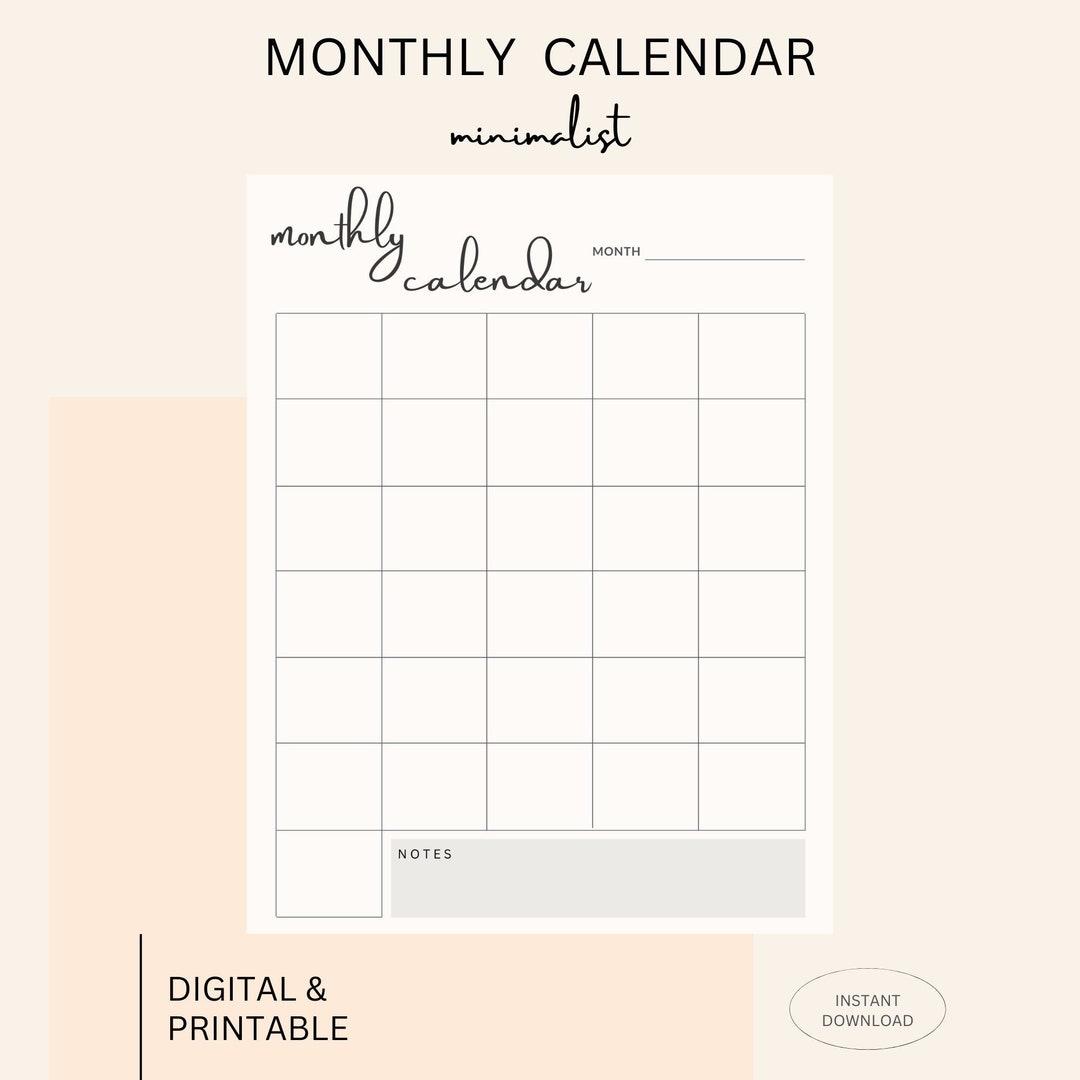 Monthly Calendar, Printable Monthly Calendar, Digital Monthly Calendar ...