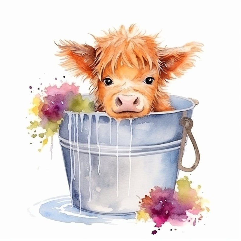 Highland Cow in Bucket PNG, Cow Watercolor Clipart, Kawaii Cow, Cute ...