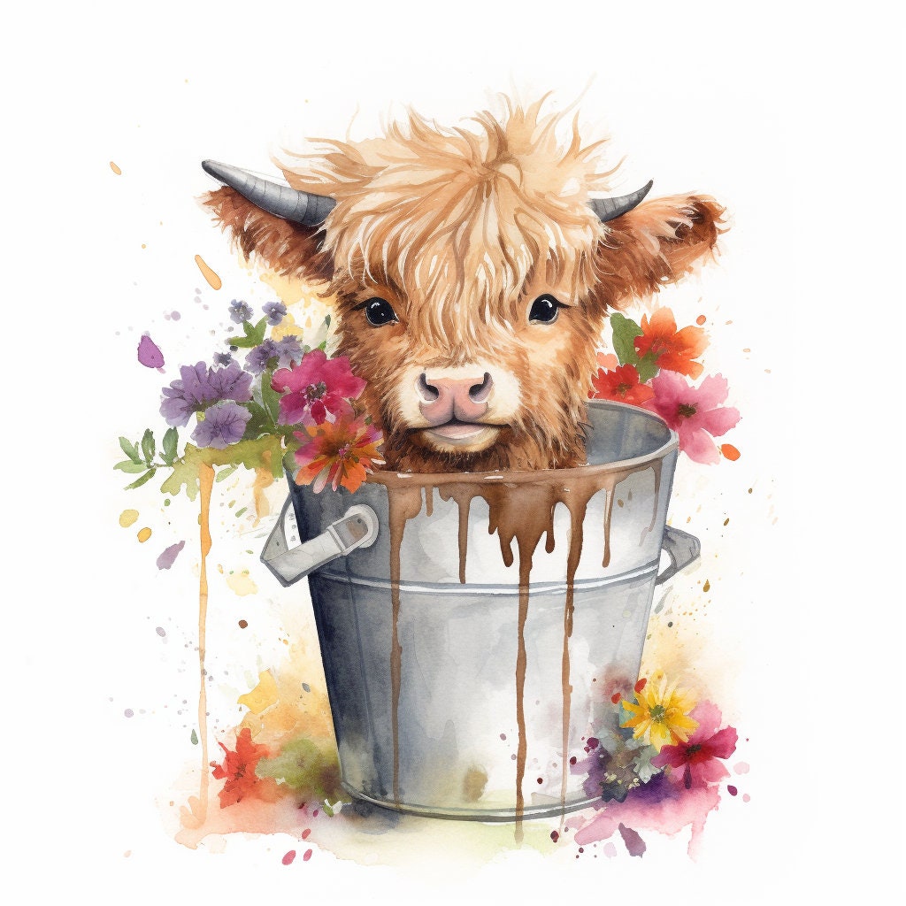Highland Cow in Bucket PNG, Cow Watercolor Clipart, Kawaii Cow, Cute ...