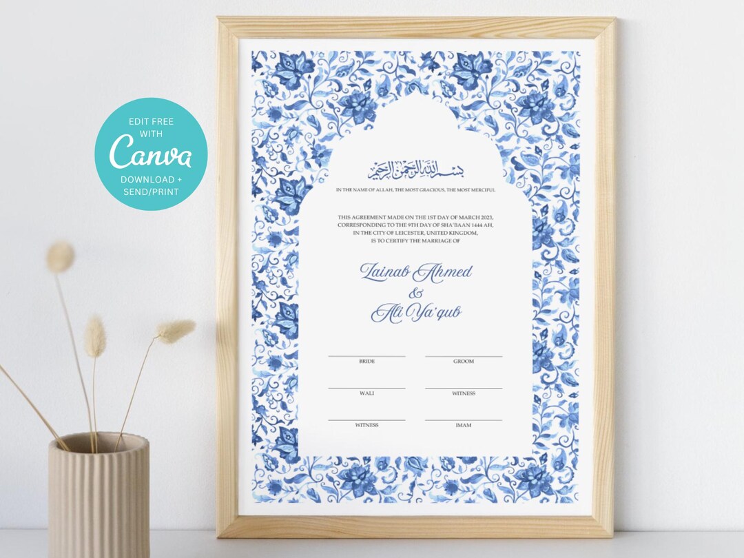 Blue Watercolour Turkish Nikkah Contract Template, Editable Nikkah ...