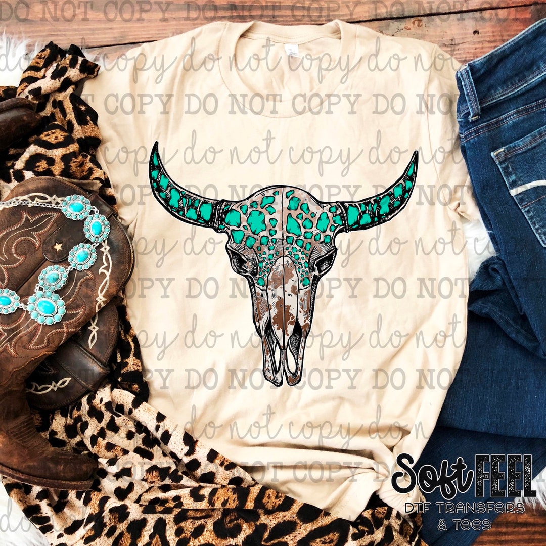 Turquoise Cow Skull Country South Western Ranching Rodeo - DTF Transfer ...
