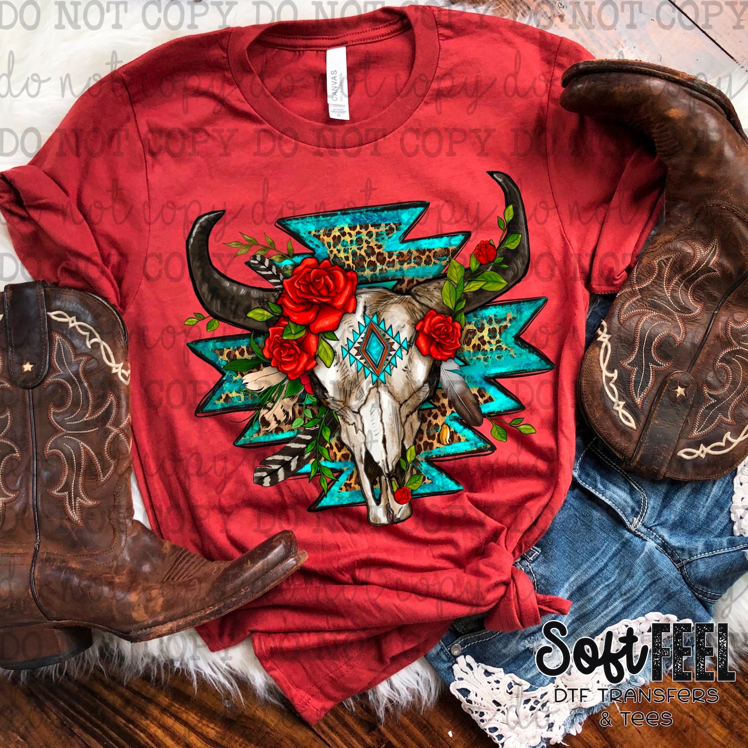 Southwestern Roses Bull Skull Rodeo Country Western - DTF Transfer ...
