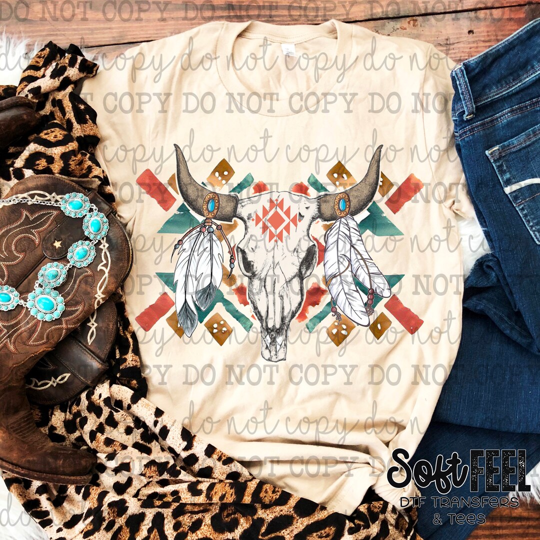 Aztec Cow Skull Country South Western Ranching Rodeo - DTF Transfer ...