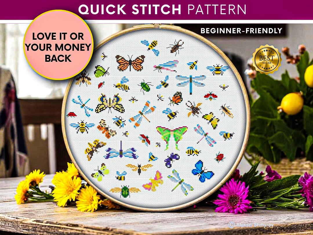 Mini Insect Cross Stitch Pattern PDF – Butterfly, Bee, Dragonfly & Bug ...