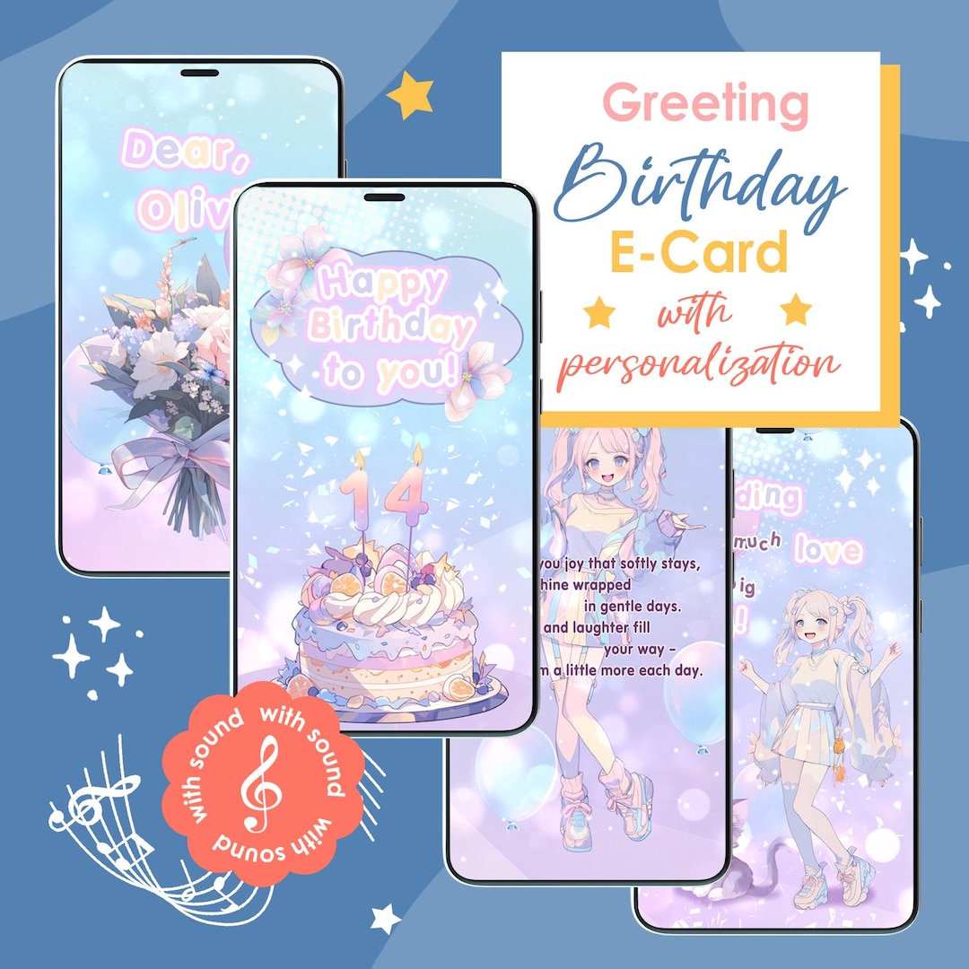 Animated Kawaii Anime Birthday Card for Girls | Digital Customizable ...