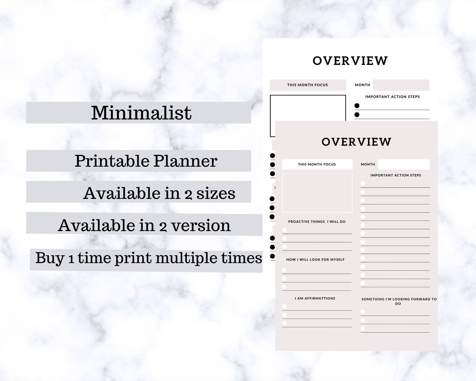 Minimalist Monthly Overview PDF, Month at a Glance Planner, Intentions ...