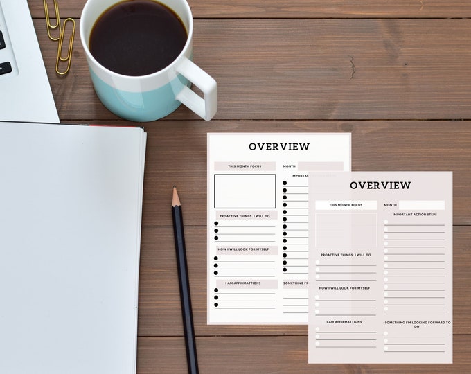 Minimalist Monthly Overview PDF, Month at a Glance Planner, Intentions ...