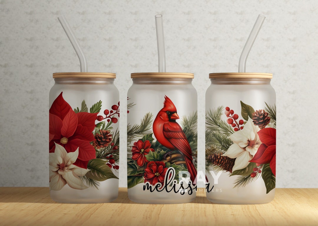 Personalized Cardinal Bird Glass Can Tumbler, 16 Oz Libbey Glass Can ...