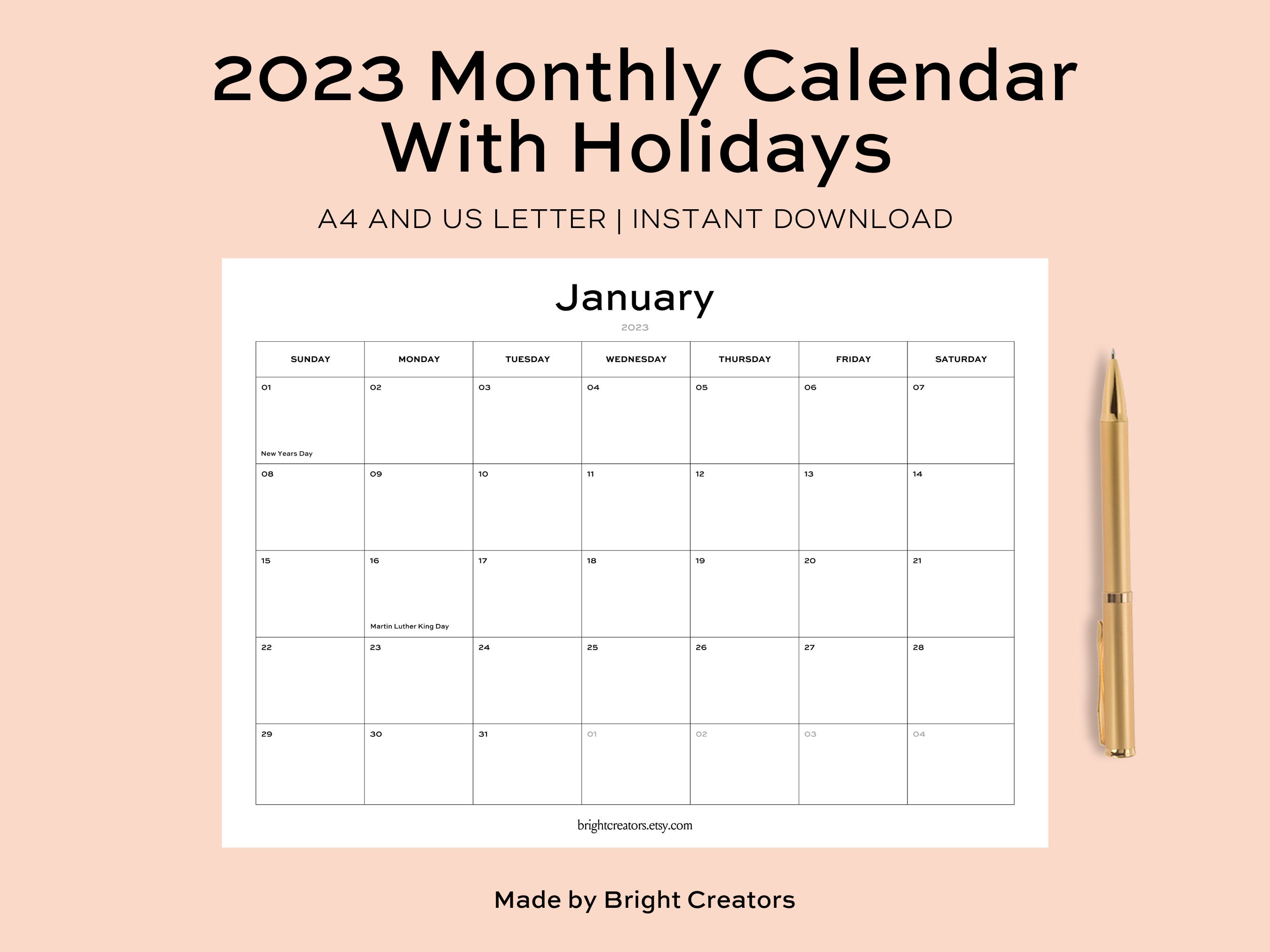 2023 Monthly Calendar With Holidays, Planner Printable, 2023 Calendar ...
