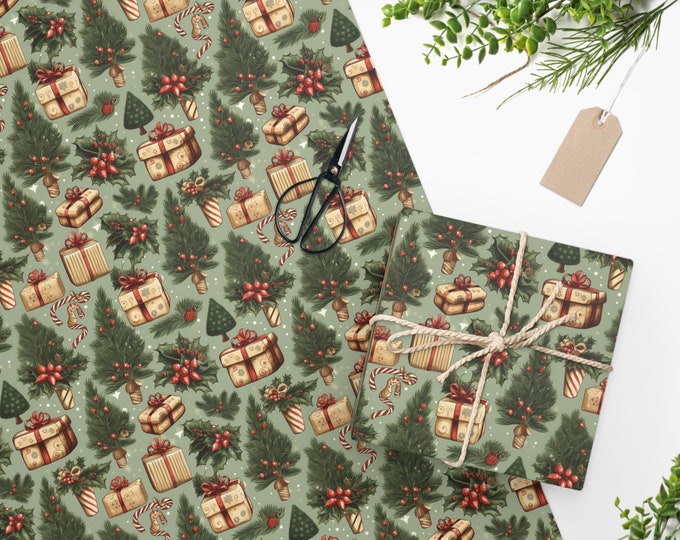 Vintage Christmas Wrapping Paper Retro Style Joyful Holiday Gift Wrap ...