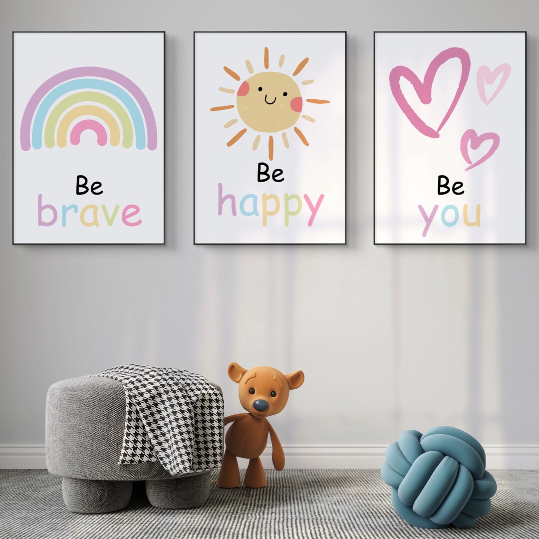 Kids Affirmation Wall Art Set – Be Brave, Be Happy, Be You – Nursery ...