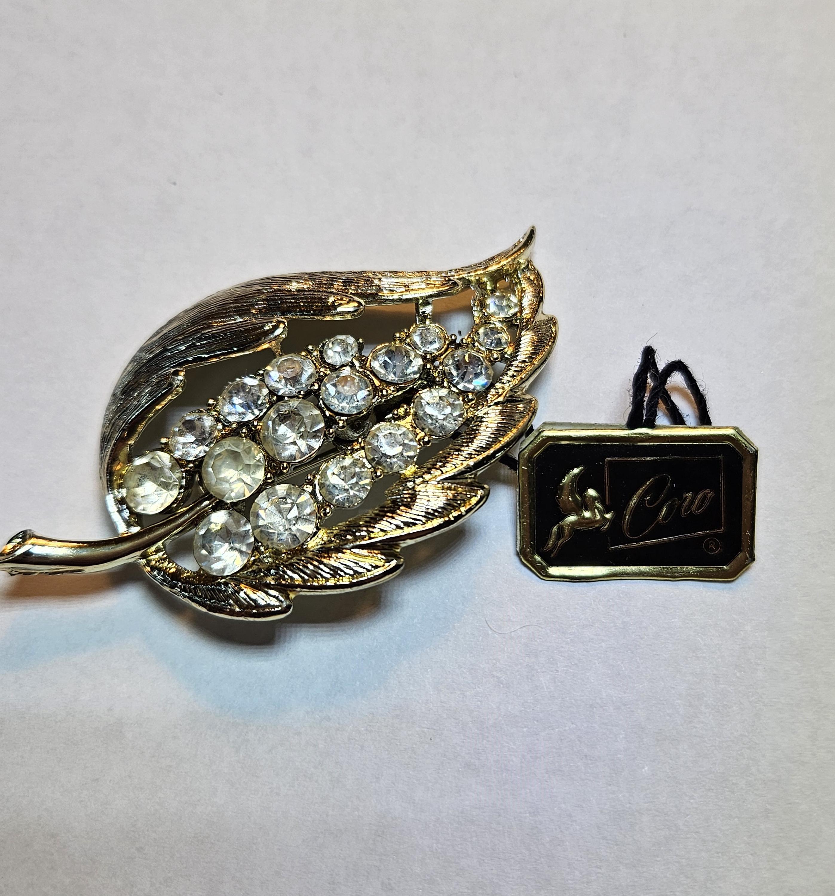 Vintage Coro Gold Tone Leaf Brooch With Rhinestones Signed - Etsy