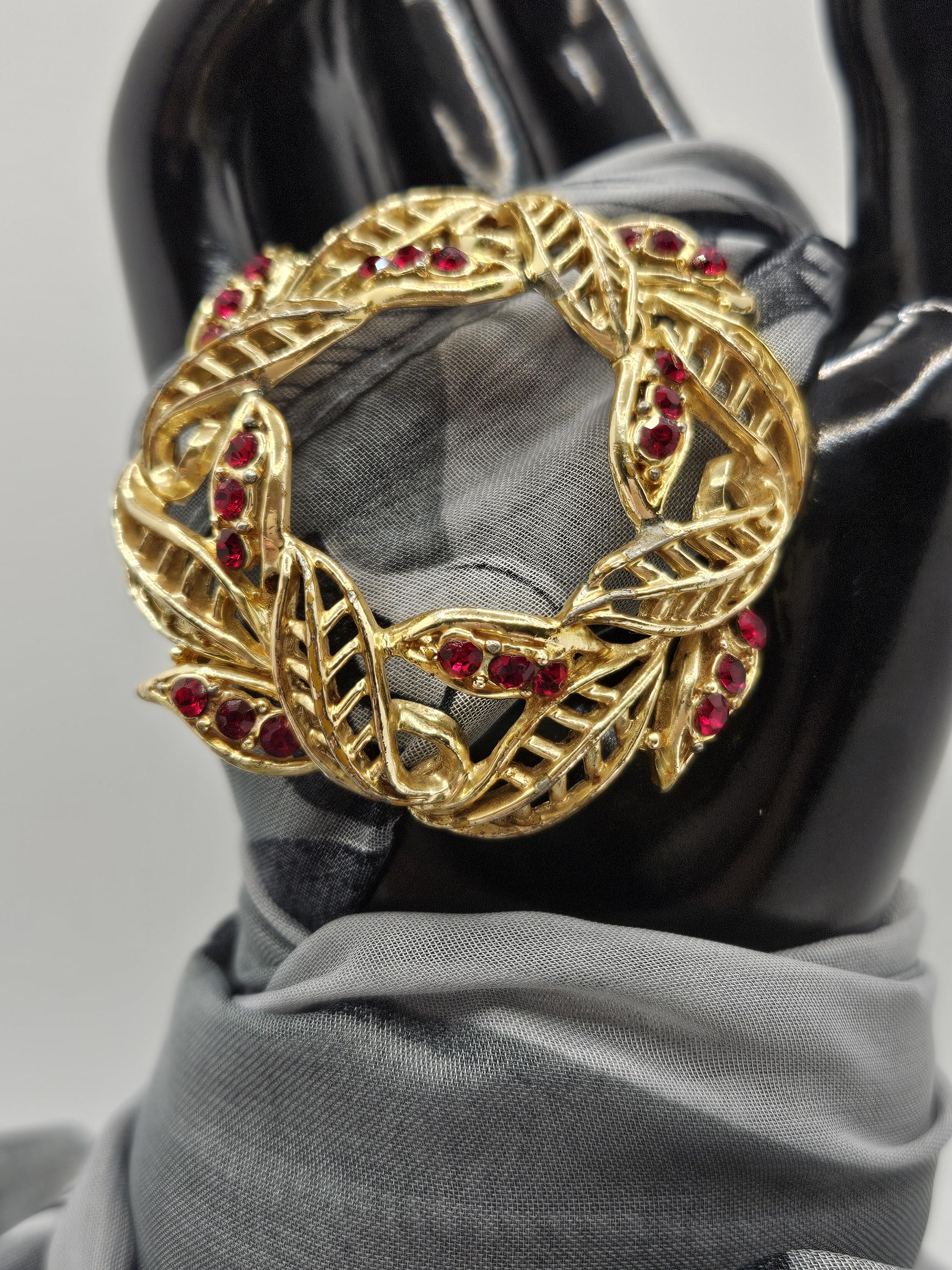 Vintage Coro Golden Floral Wreath Brooch With Red Stones, Signed - Etsy