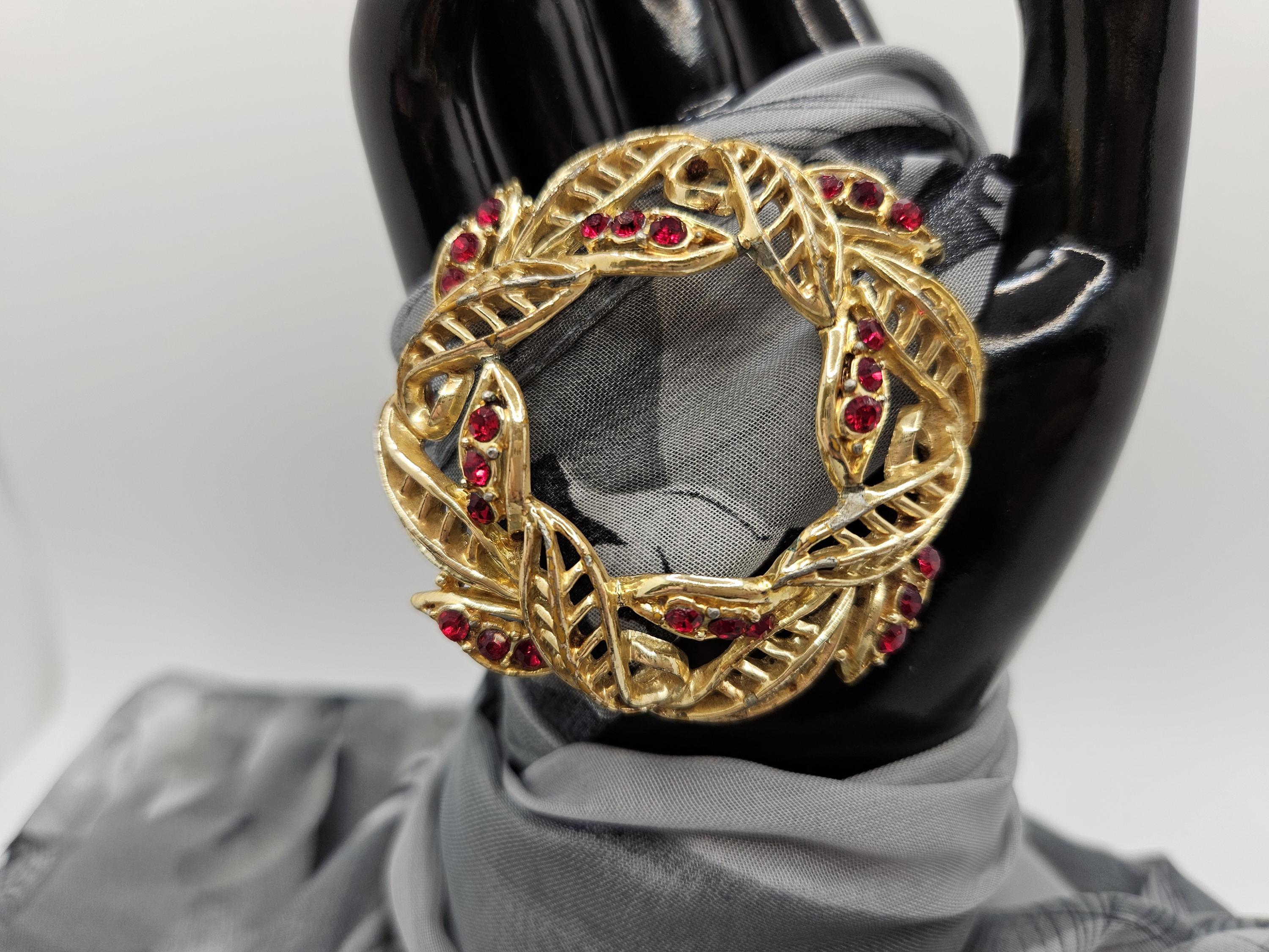 Vintage Coro Golden Floral Wreath Brooch With Red Stones, Signed - Etsy