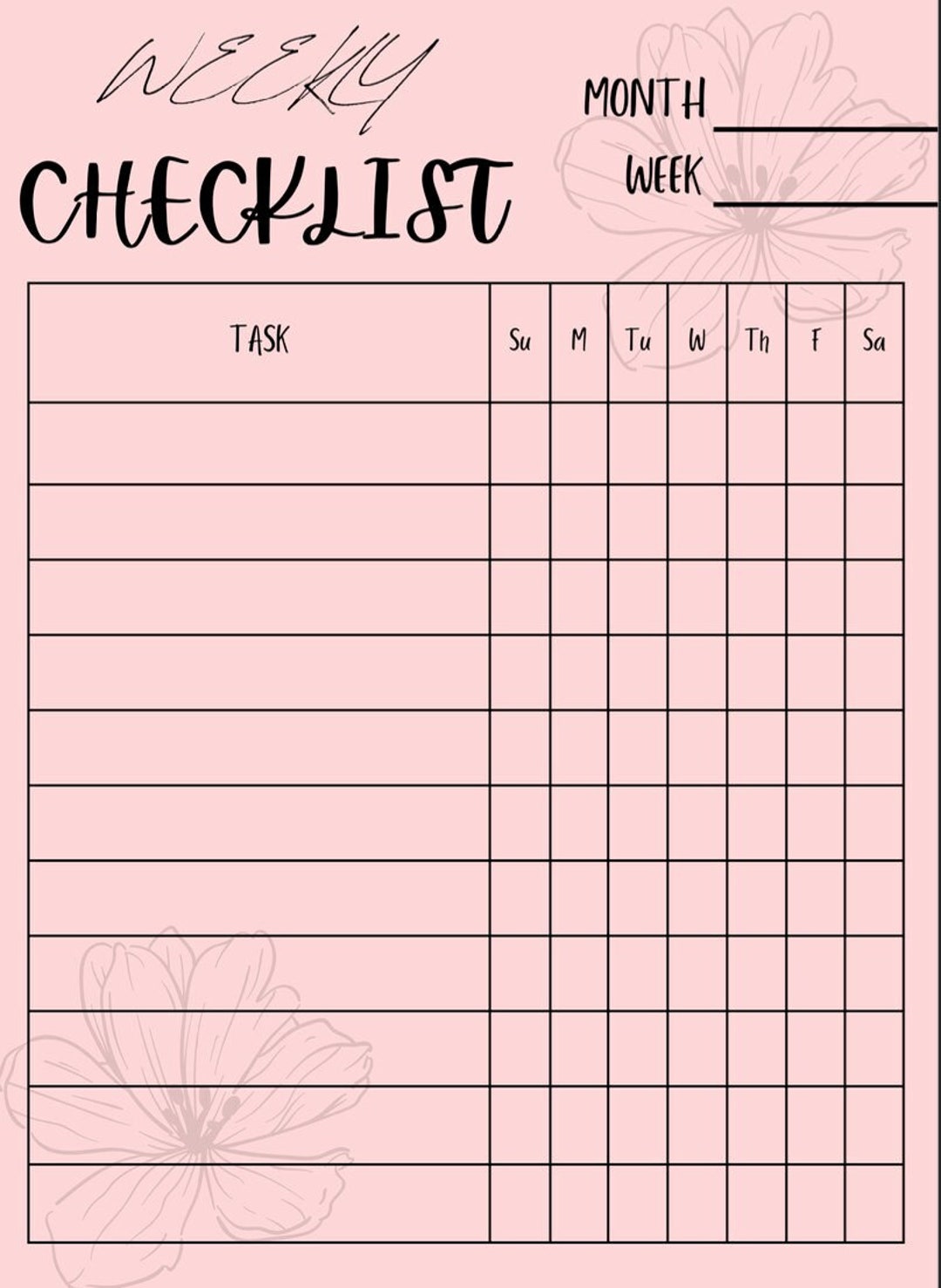 Blank Customizable Weekly Checklist Available in Pink (and Other Colors ...