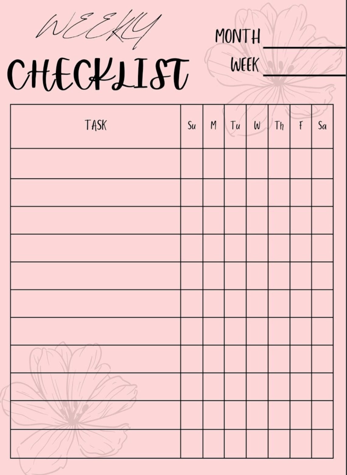 Blank Customizable Weekly Checklist Available in Pink (and Other Colors ...