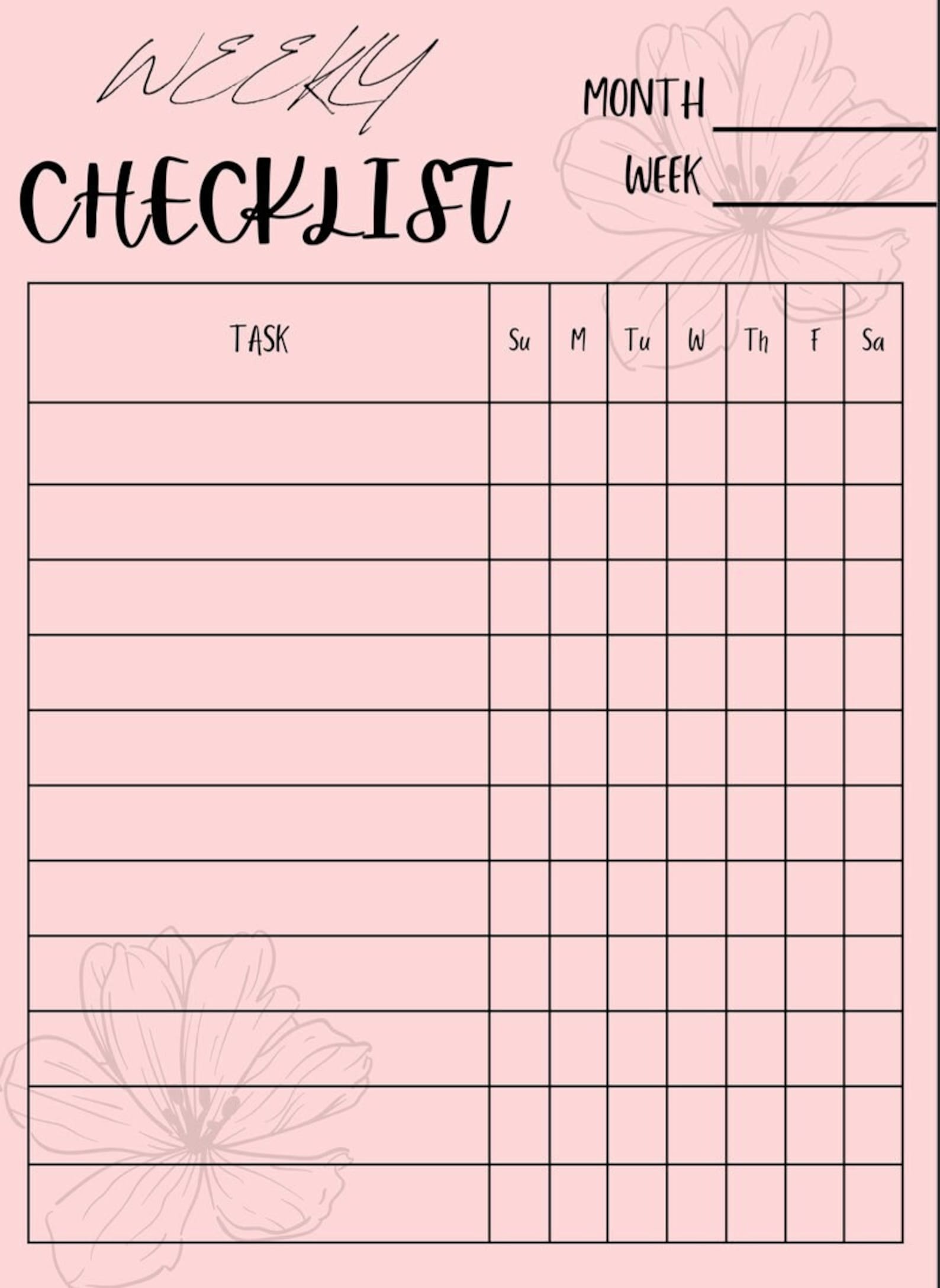 Blank Customizable Weekly Checklist Available in Pink (and Other Colors ...