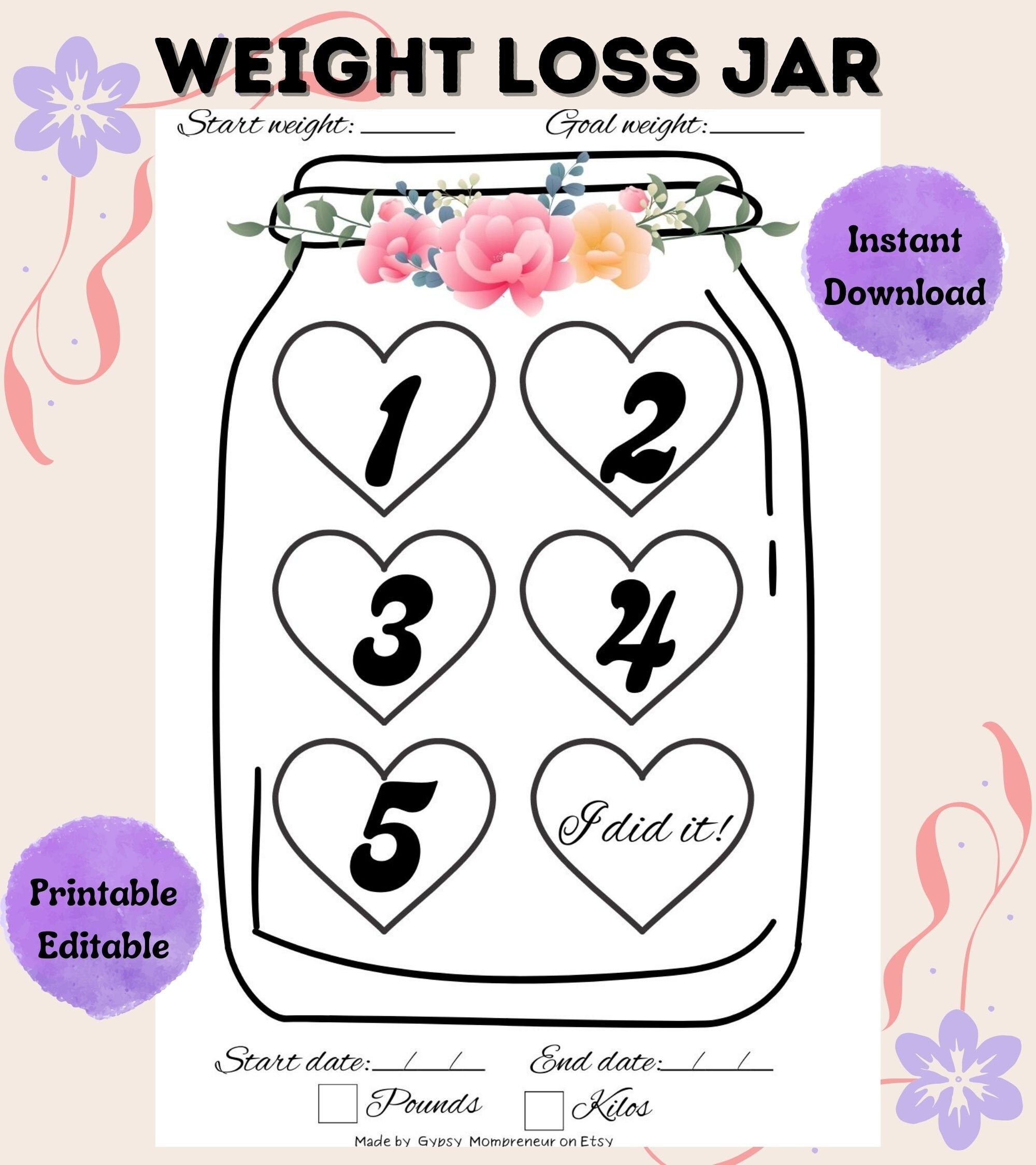Weight Loss Jar 5 Lbkg Weight Loss Tracker Weight Loss Planner Weight Loss Printable Weight