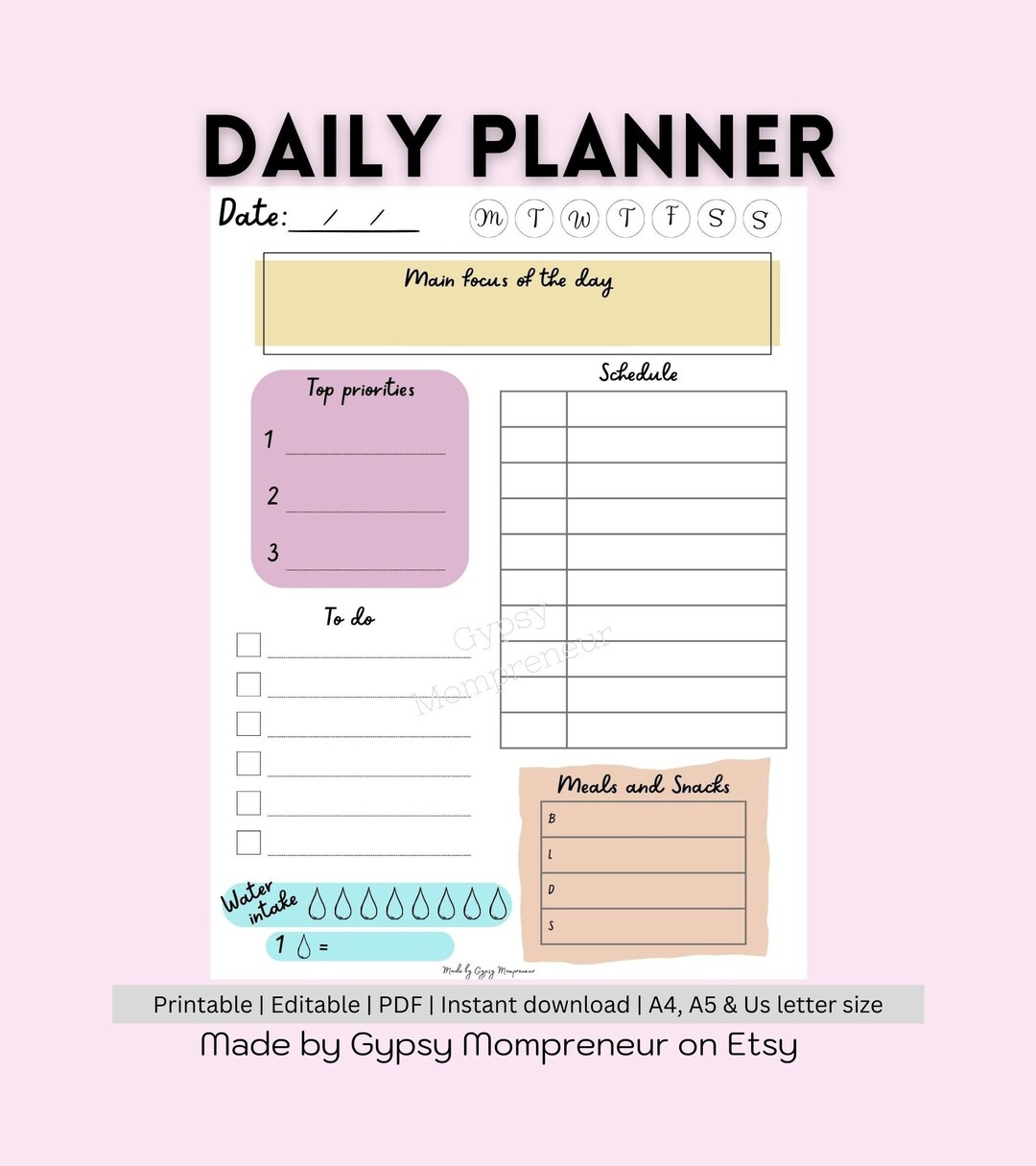 Daily Planner, Printable Planner, Planner Insert, Instant Download, Pdf ...