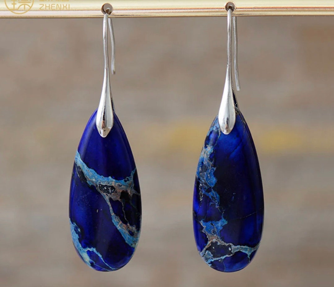 Beautiful Dark Blue Jasper Stone Drop Earrings With Silver Ear Hook - Etsy