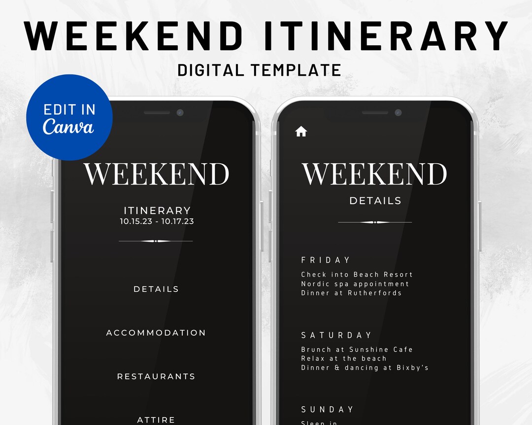 Minimalist Weekend Itinerary Template, Mobile Wedding Weekend Itinerary ...