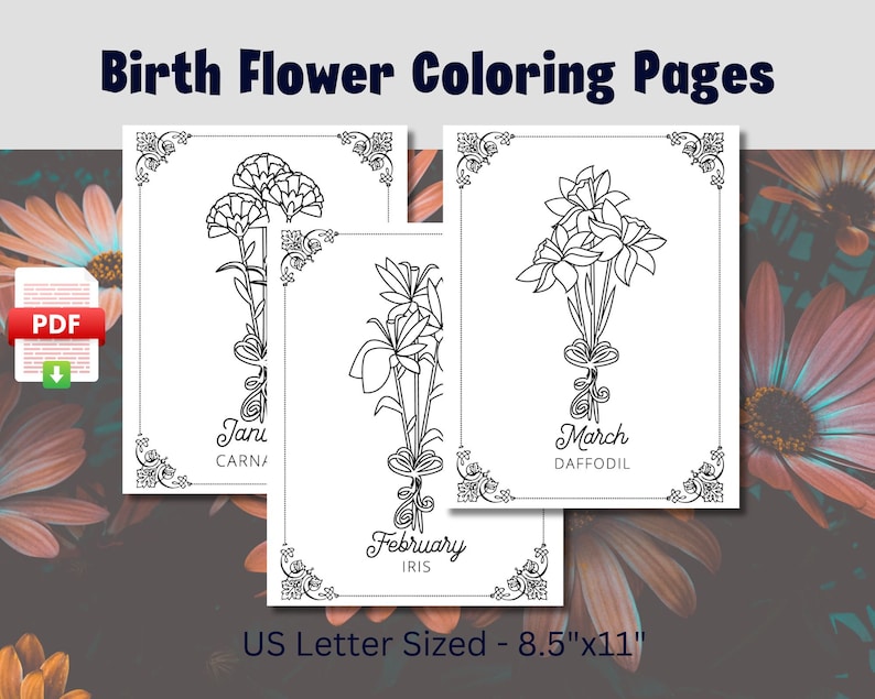 Birth Flower Coloring Pages, Set of 12, Monthly Coloring Pages, Birth ...
