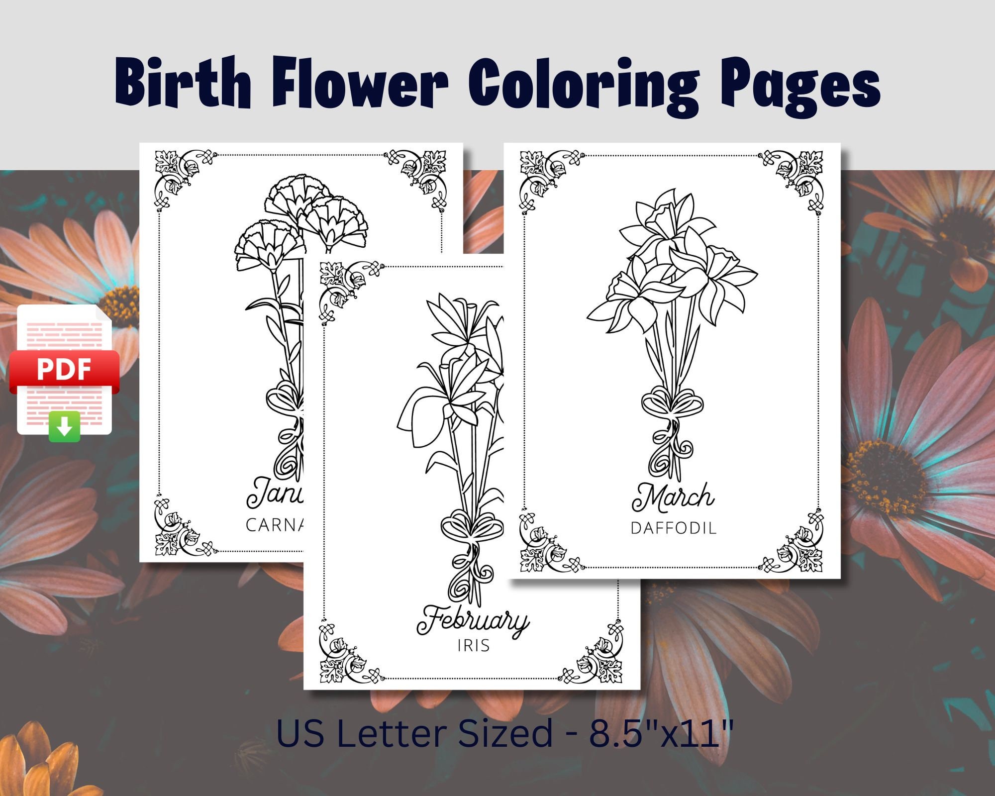 Birth Flower Coloring Pages, Set of 12, Monthly Coloring Pages, Birth ...
