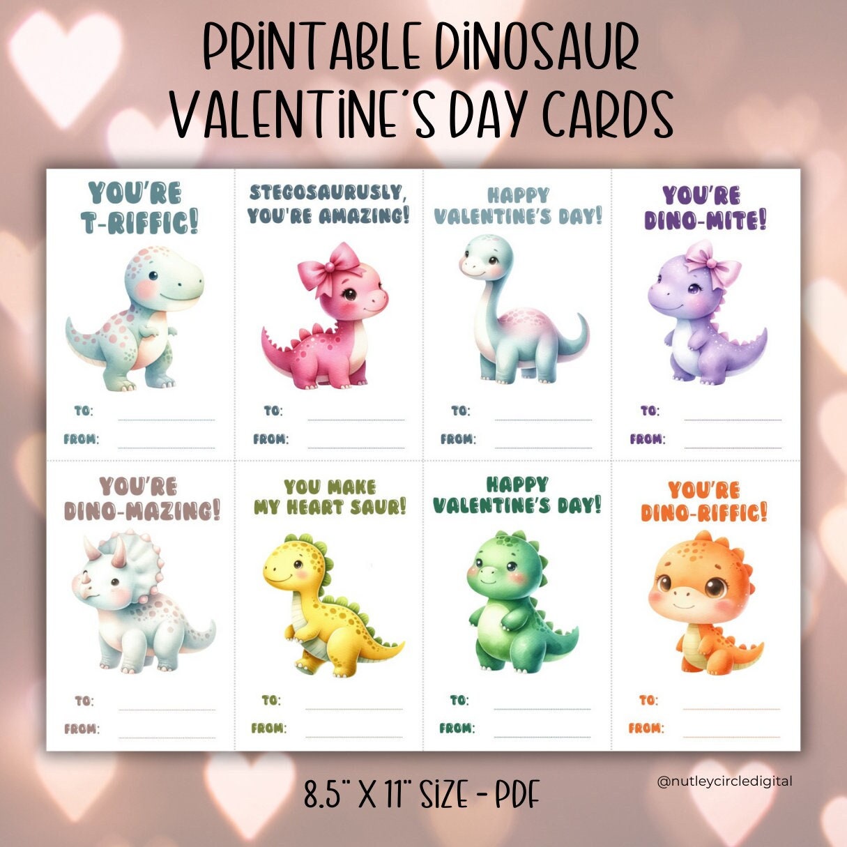 Printable Dinosaur Valentines Day Cards for Kids - Set of 8 Adorable ...