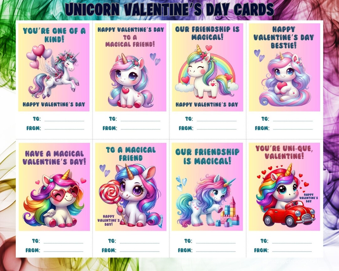 Unicorn Valentines Day Cards for Kids Set of 8 Adorable Designs Unicorn ...