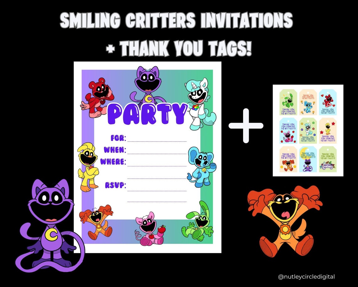 Printable Smiling Critters Birthday Invitations and Thank You Tags ...