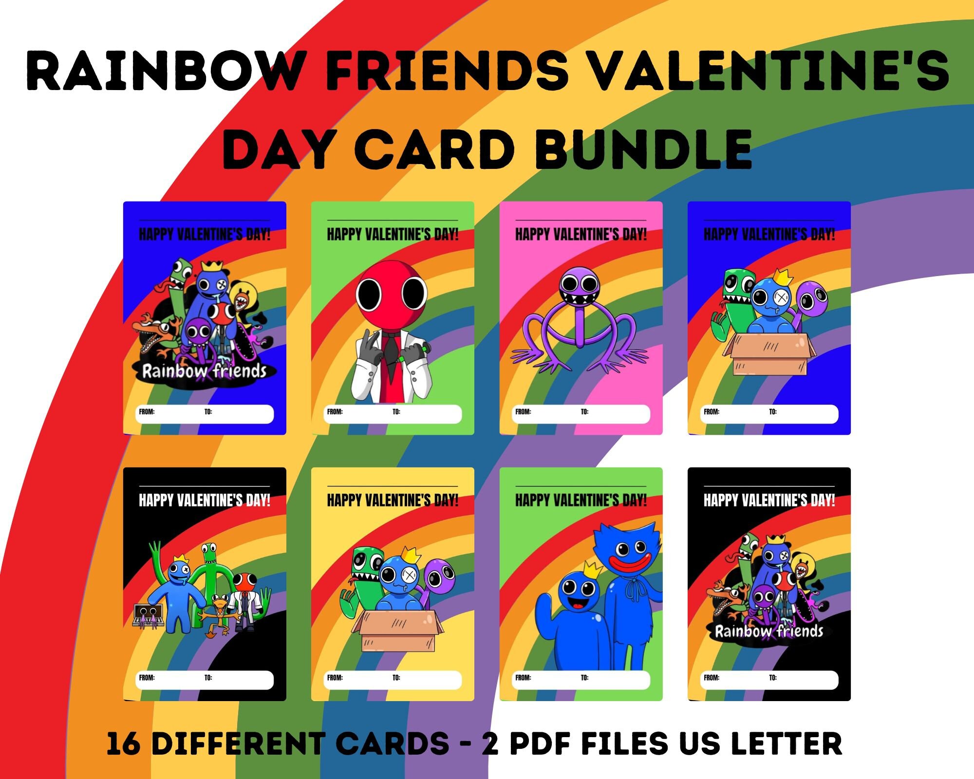 BUNDLE - 16 Printable Rainbow Friends Valentines Day Cards, Valentines ...