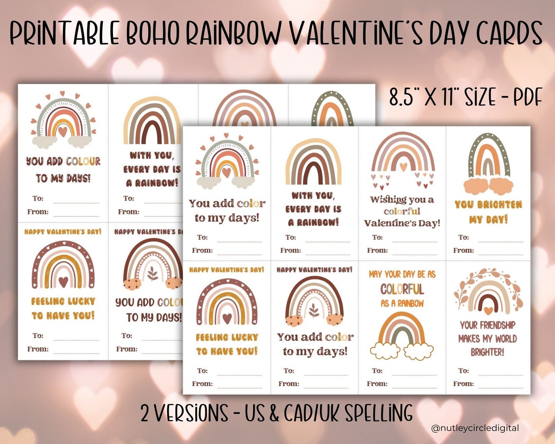 Printable Rainbow Valentines Day Cards, Classroom Valentines Day Cards ...