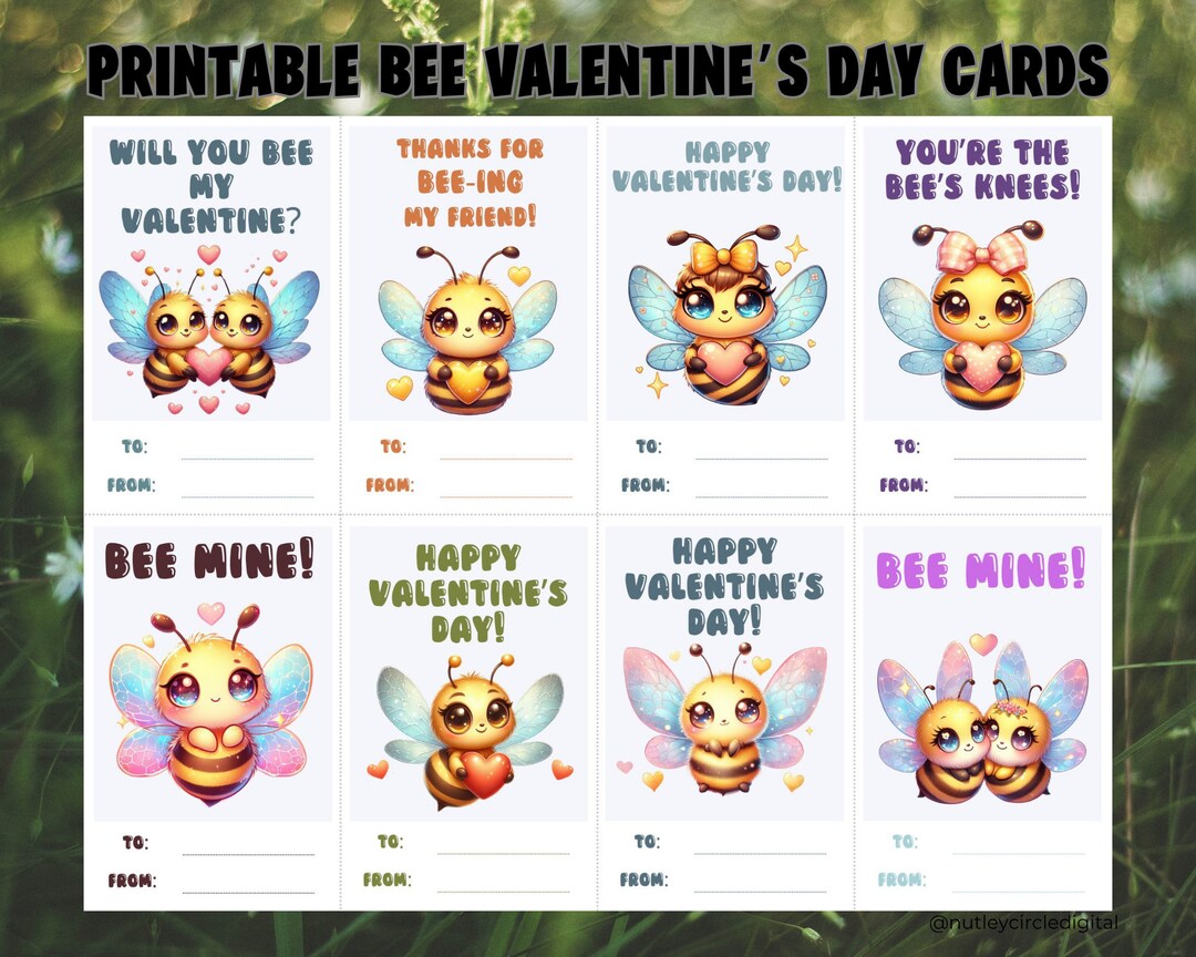 Bee Valentines Day Cards Printable Digital Download Cute Designs for ...