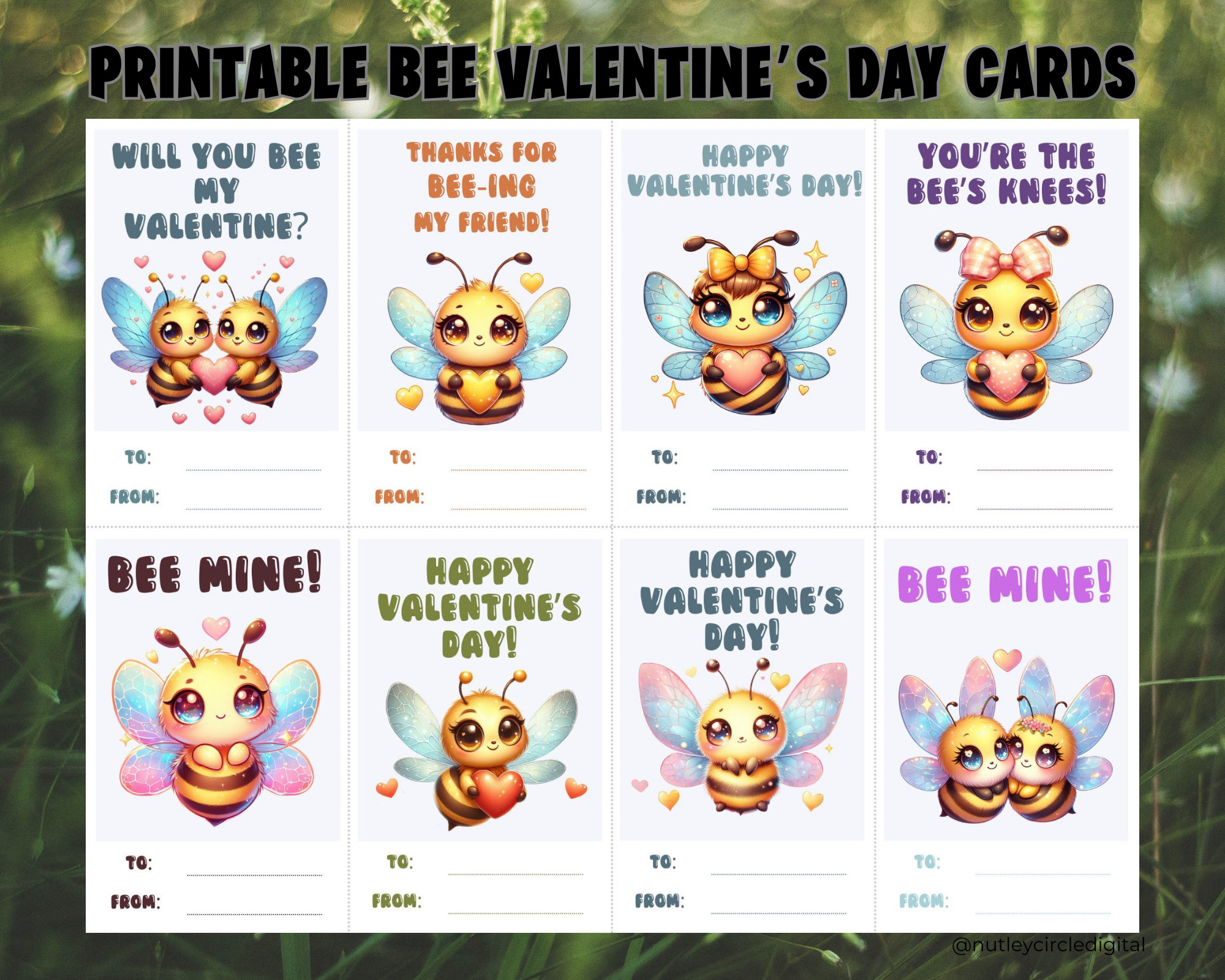 Bee Valentines Day Cards Printable Digital Download Cute Designs for ...
