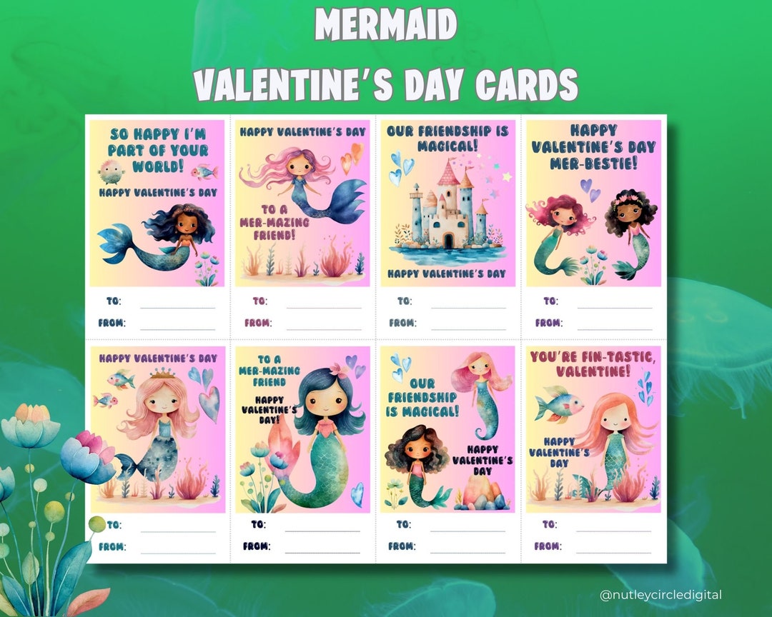 Printable Mermaid Valentines Day Cards for Kids Set of 8 Adorable ...